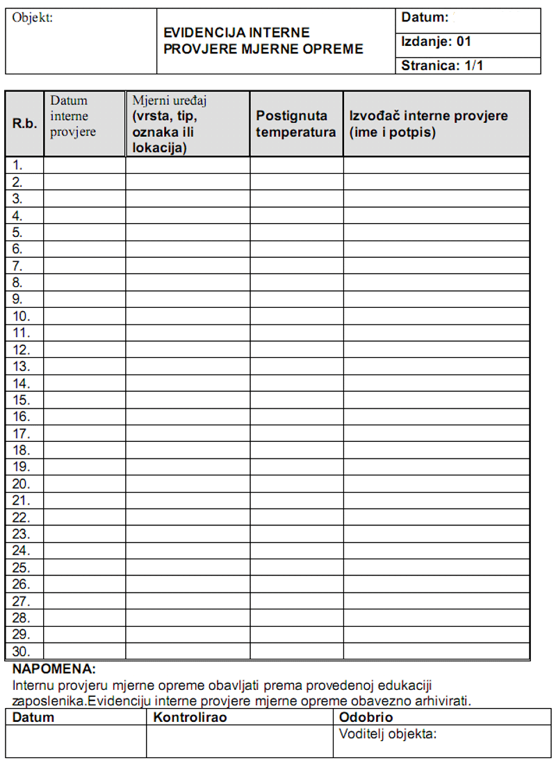 Popis evidencija i obrazaca potrebnih za vođenja HACCP, obrasci za ...