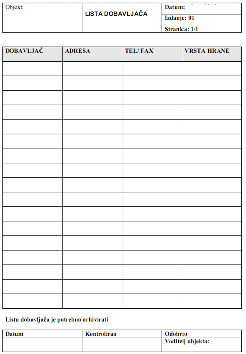 Popis evidencija i obrazaca potrebnih za vođenja HACCP, obrasci za ...